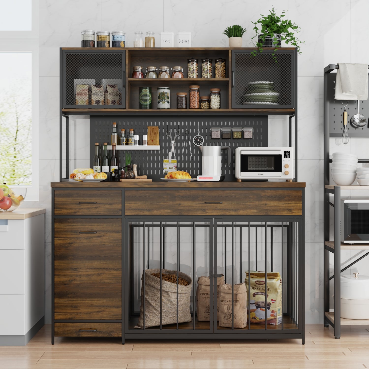 NARTRU Large Dog Crate Furniture with Storage, Kitchen Pantry Wooden D